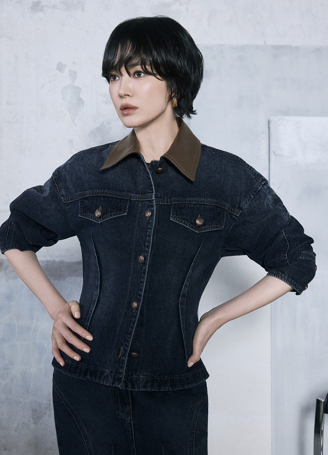 미샤 MICHAA 컬러블록 카라 데님 자켓 BLUE | SISUN.COM