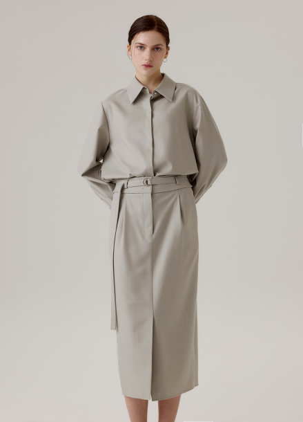 미샤 MICHAA 벨티드 H라인 롱 스커트 LIGHT KHAKI | SISUN.COM