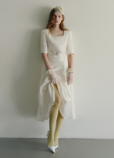 미샤 MICHAA [BRIDE]리본 플레어 롱 스커트 IVORY | SISUN.COM